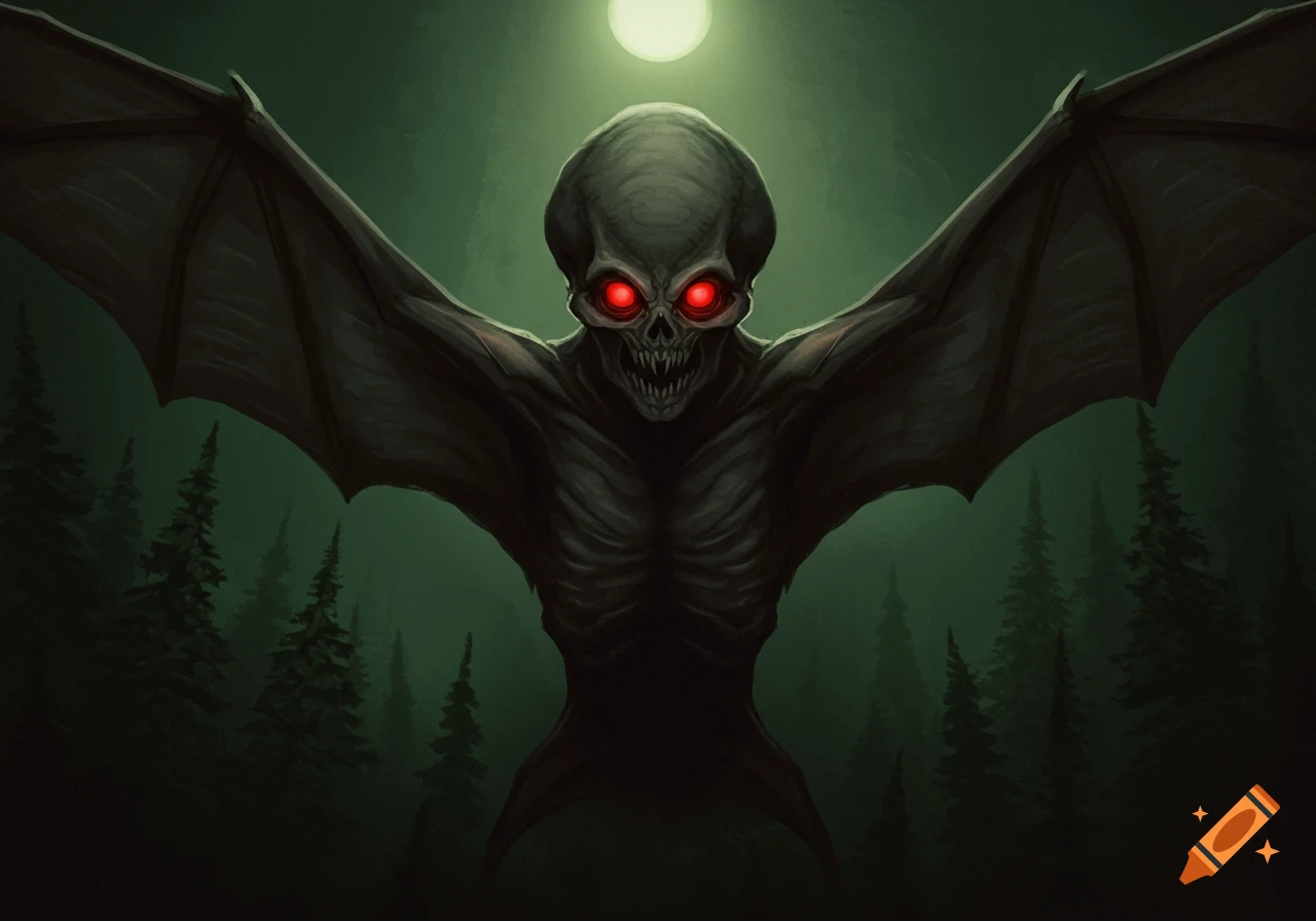A creature with large bat wings, glowing red eyes, and sharp teeth ...