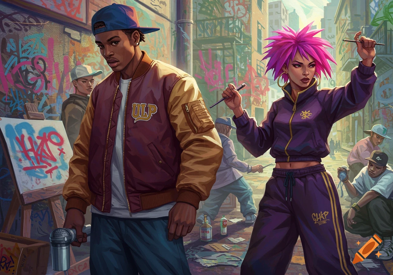 Two people in hip hop fashion stand in an urban street filled with ...