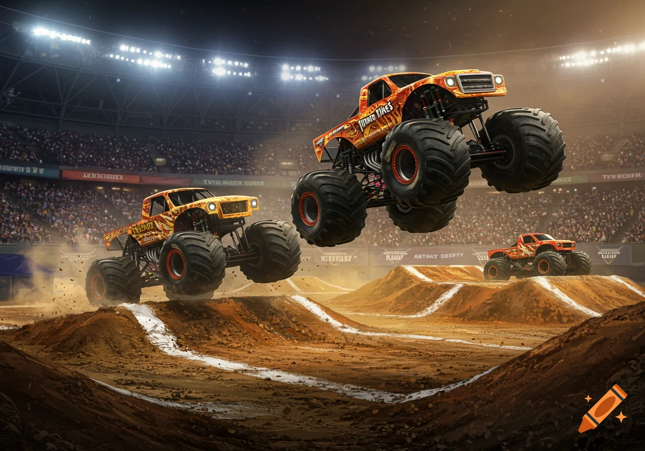 Three monster trucks jump over dirt ramps in a stadium filled with ...