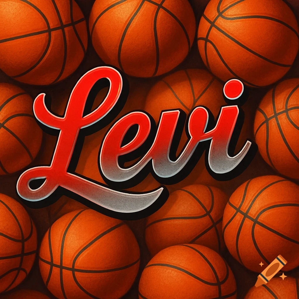 The word Levi in red and silver gradient font over orange basketballs ...