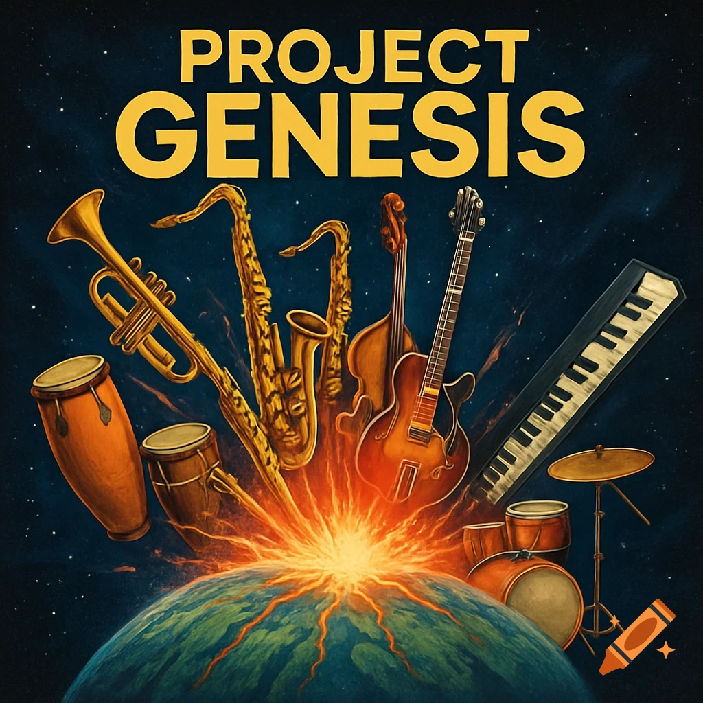 PROJECT GENESIS text above musical instruments exploding from a planet in space. on Craiyon