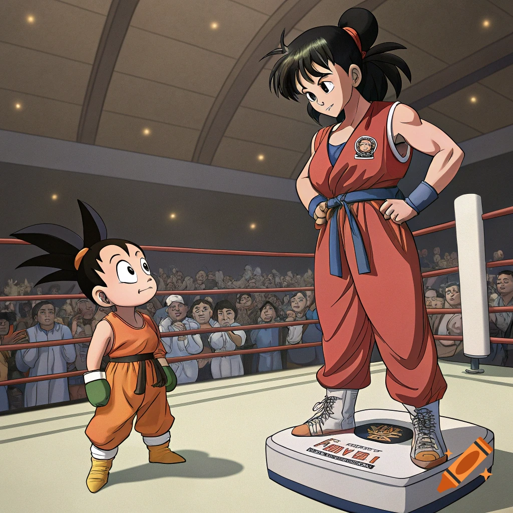 Anime characters in a boxing ring, one on a scale looking at another in ...