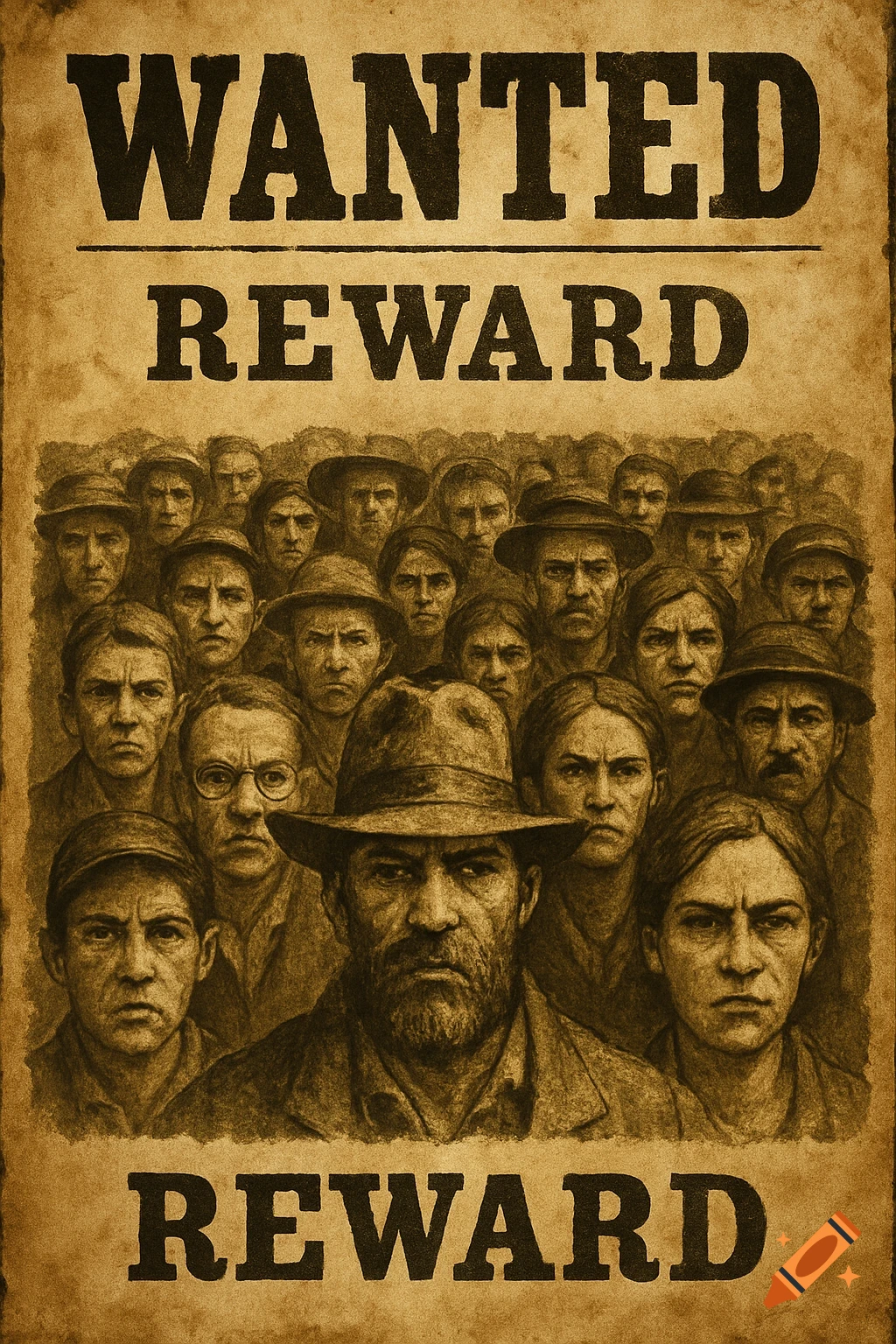 Sepia-toned drawing of a wanted poster featuring a crowd of faces and ...