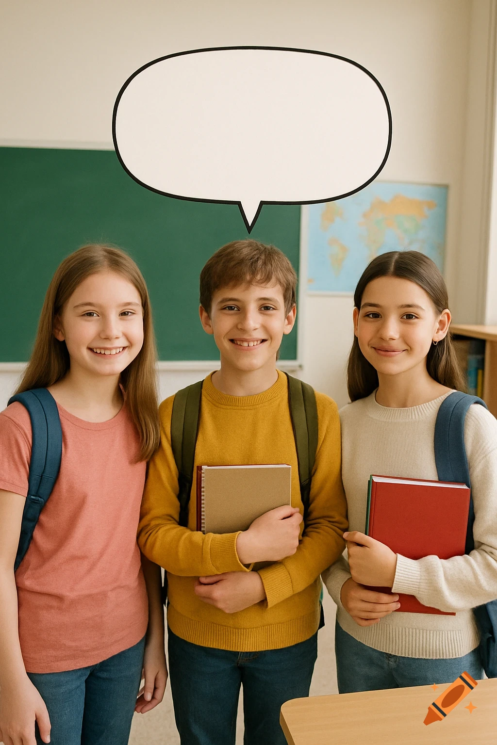Three middle school students with backpacks and books stand in a ...