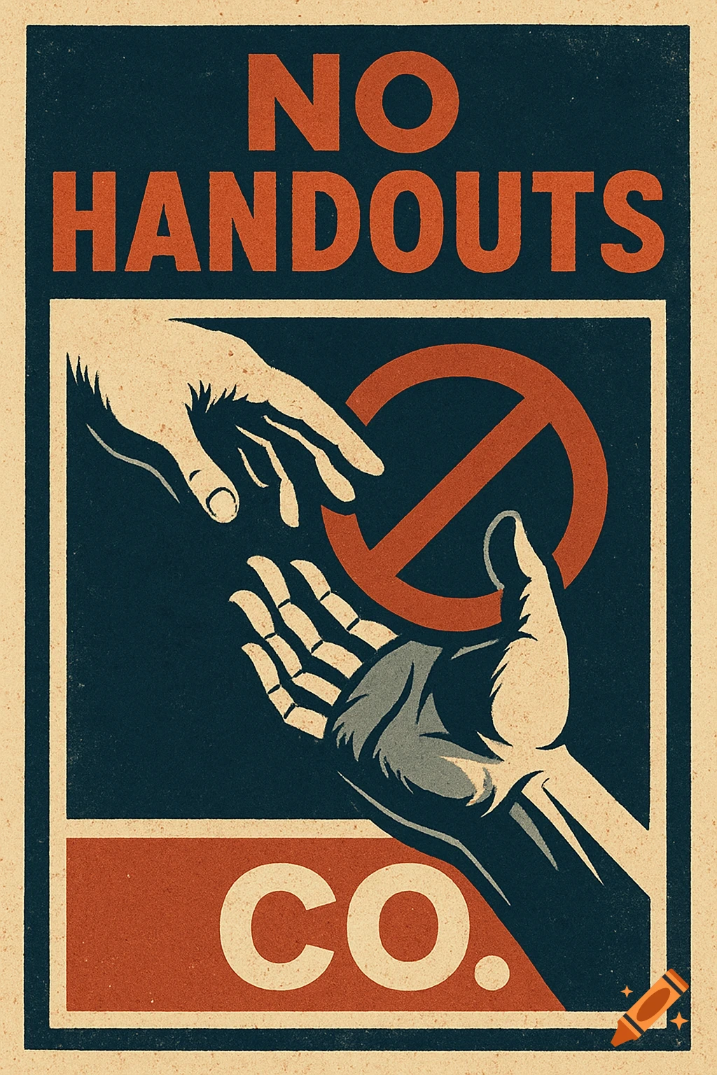 Stylized poster with hands and red prohibition symbol over text 'NO ...