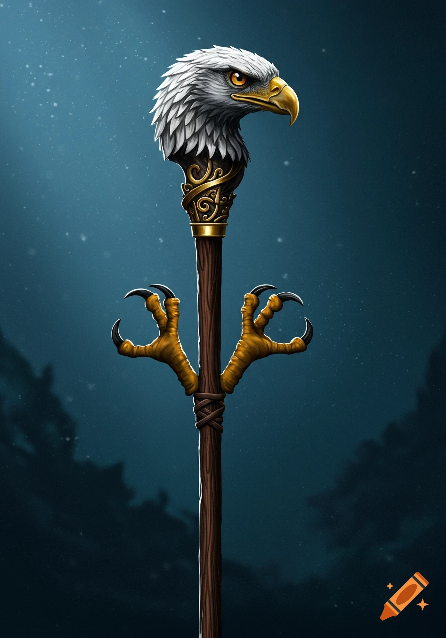 Fantasy staff with an eagle head and claws illustration on Craiyon