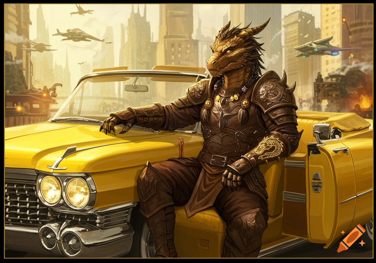 Dragonborn in armor leaning on a yellow convertible in a futuristic ...