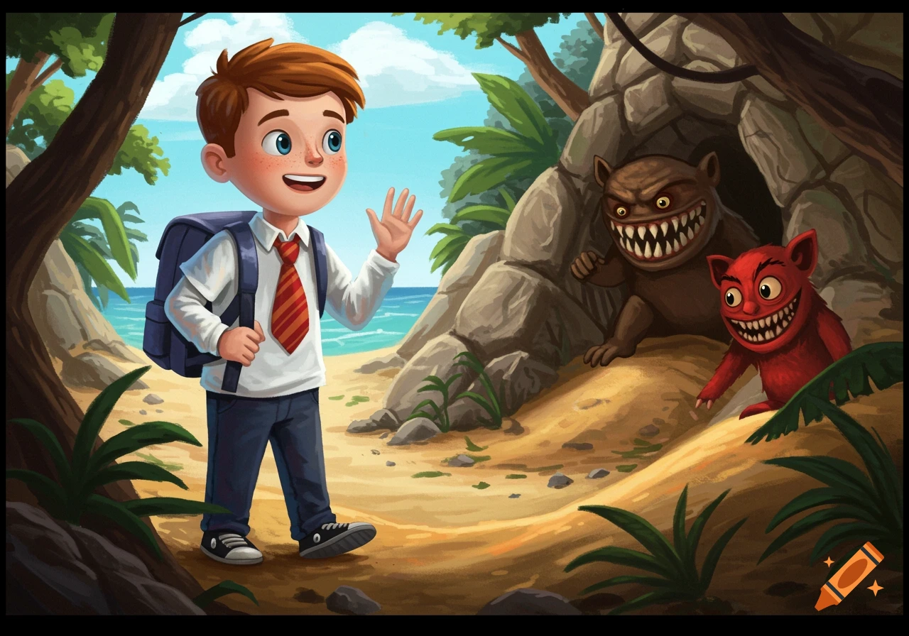 Cartoon illustration of a schoolboy waving at two scary monsters ...