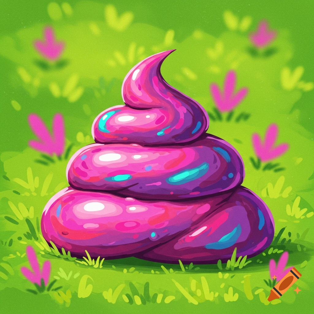 A shiny pink and purple pile of poop sits in a green grassy field with ...