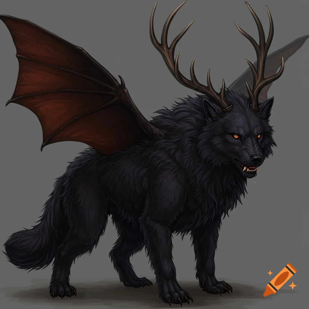 A black wolf-like creature with large bat wings and deer antlers stands on a grey background ...