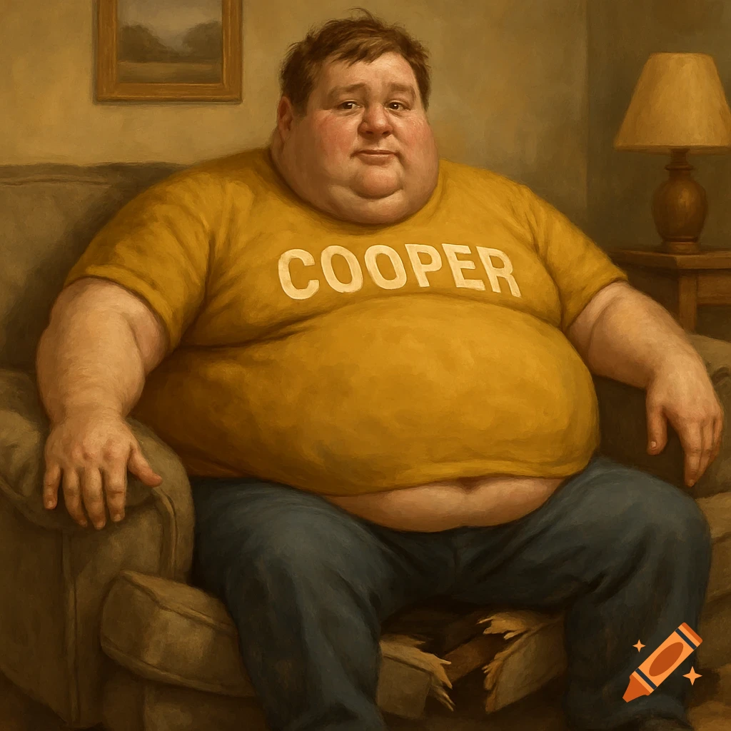 A painting of an overweight man in a yellow COOPER shirt sitting on a broken couch. on Craiyon