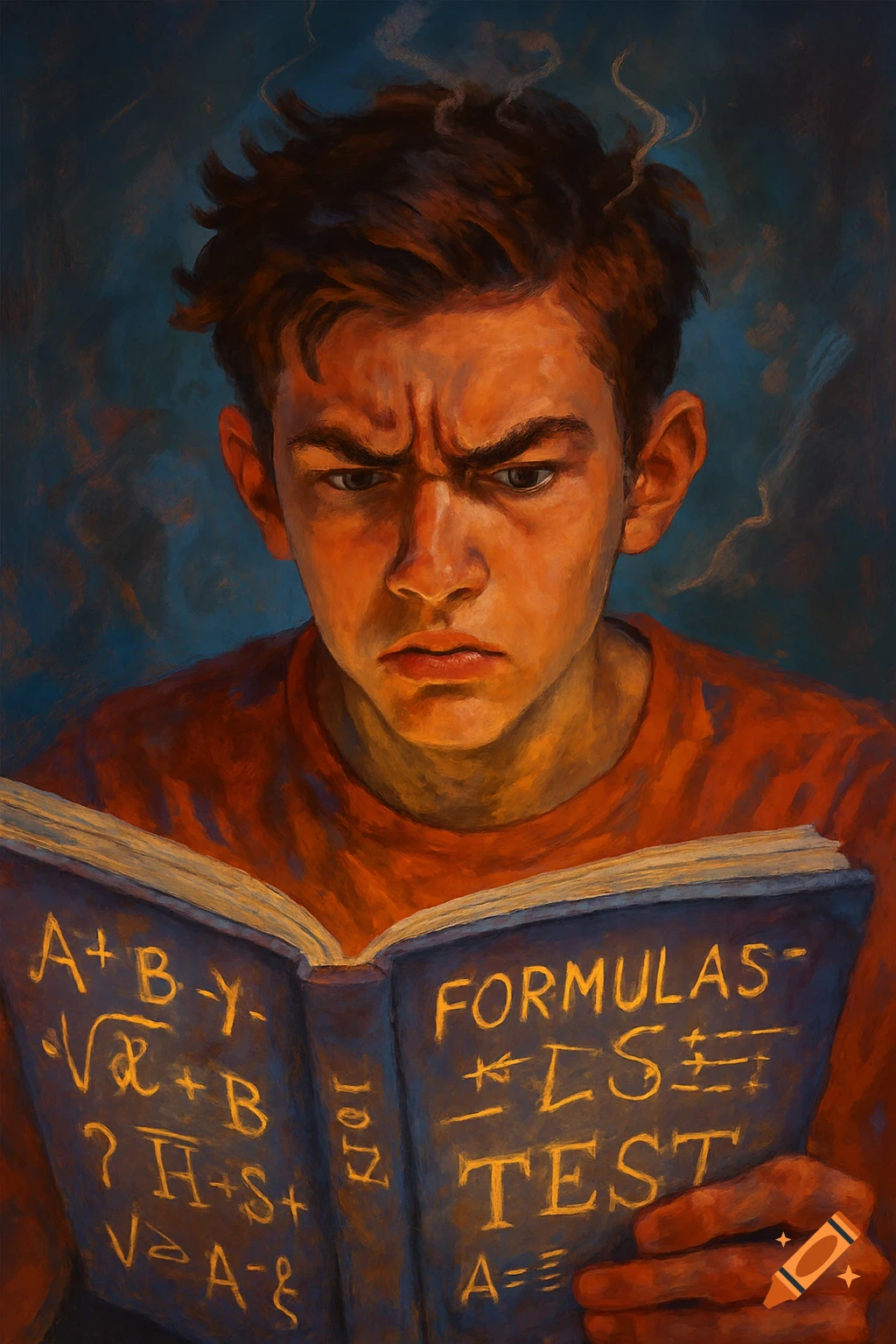 Digital painting of a stressed teenage boy reading a book of formulas ...