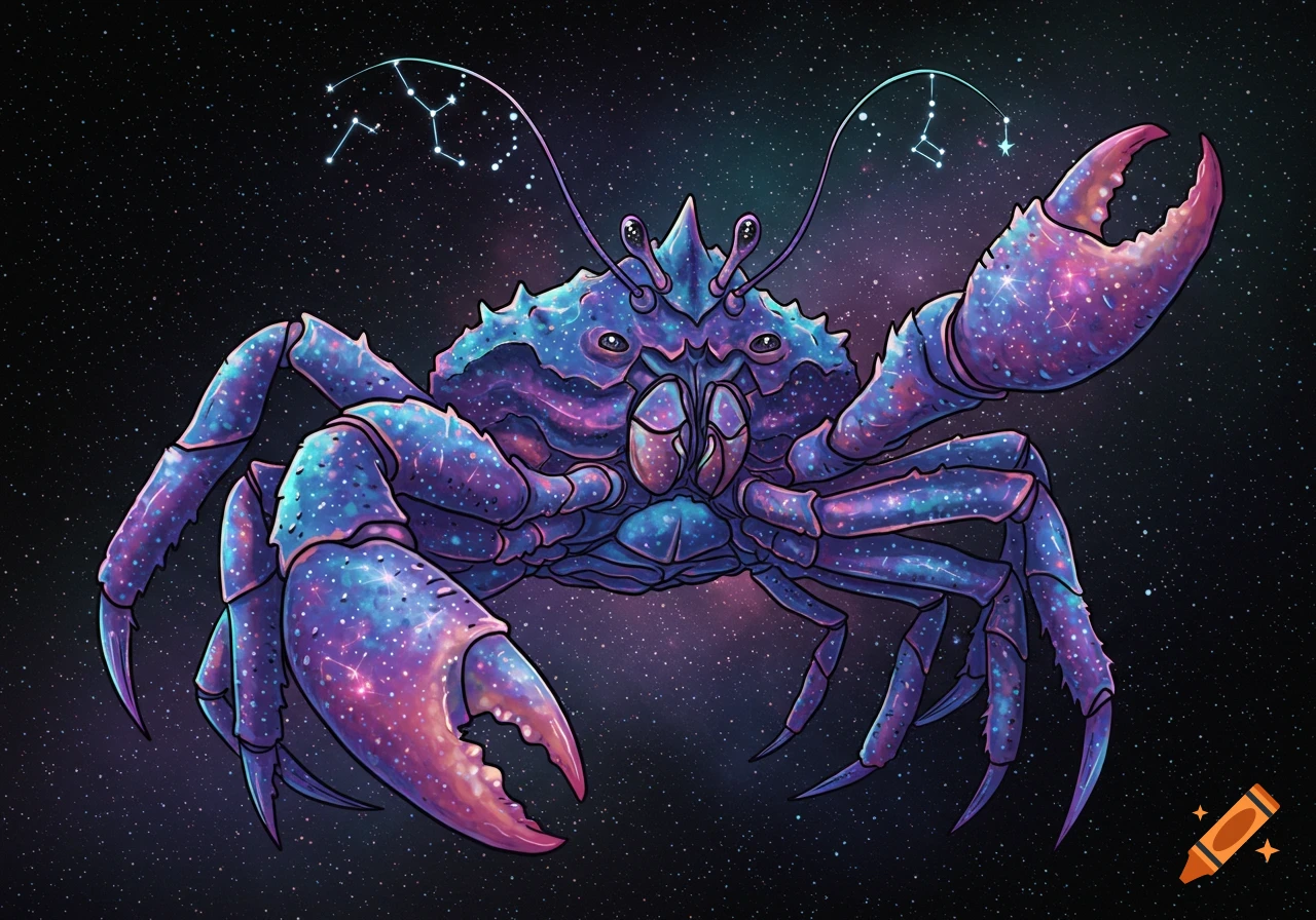 A fantastical blue and purple crab with a galaxy pattern floats in ...