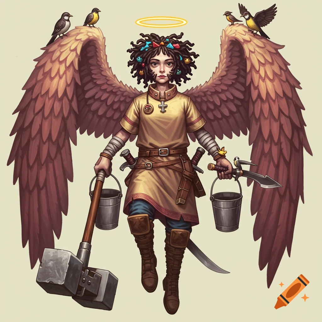 Fantasy angel character with large wings, halo, holding a hammer and ...