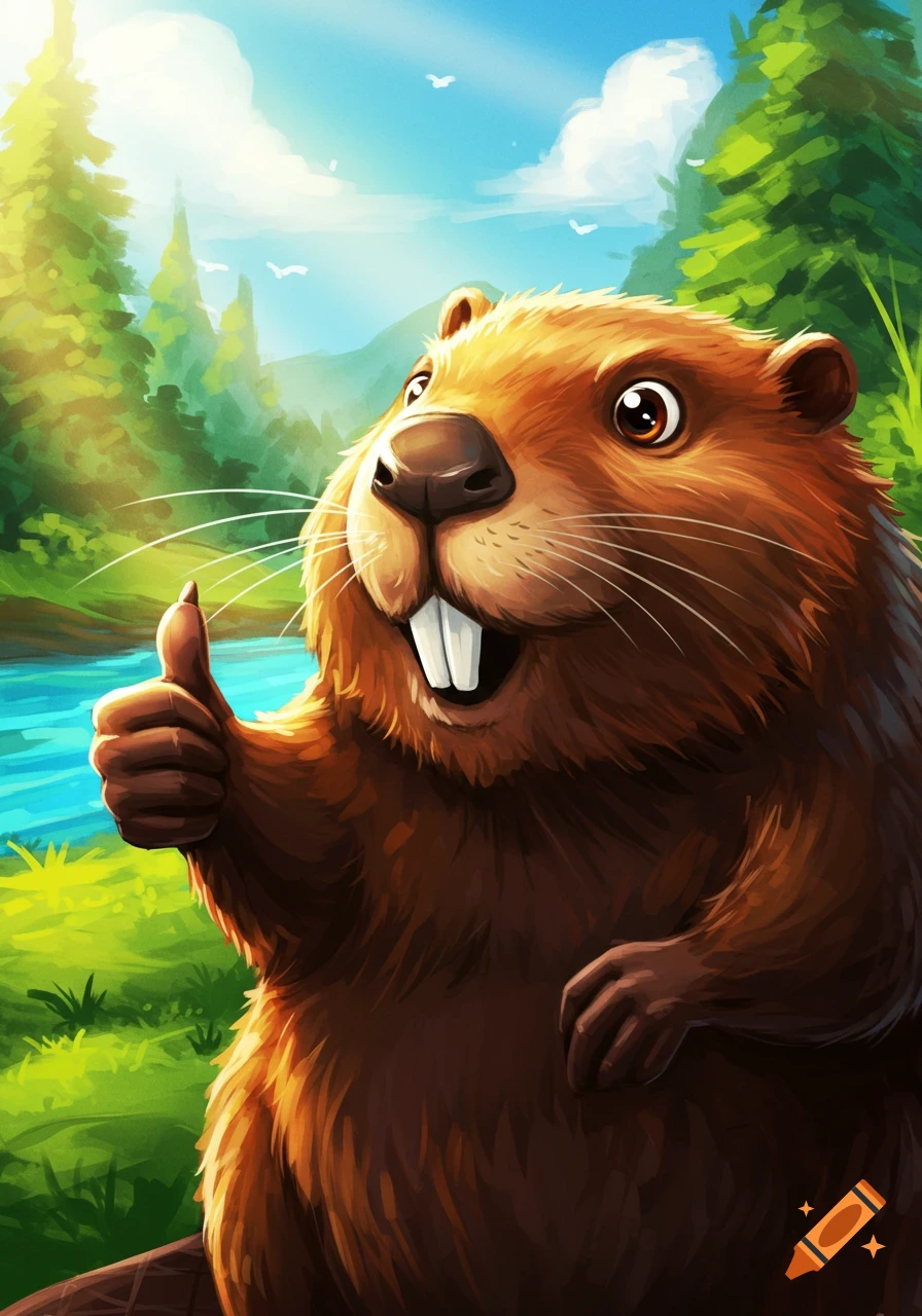 Illustration of a cheerful beaver giving a thumbs up in a sunny forest ...