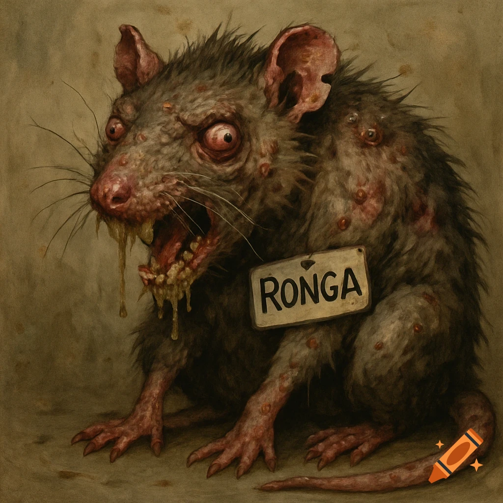 Illustration of a disgusting, diseased rat with a name tag that says Ronga. on Craiyon