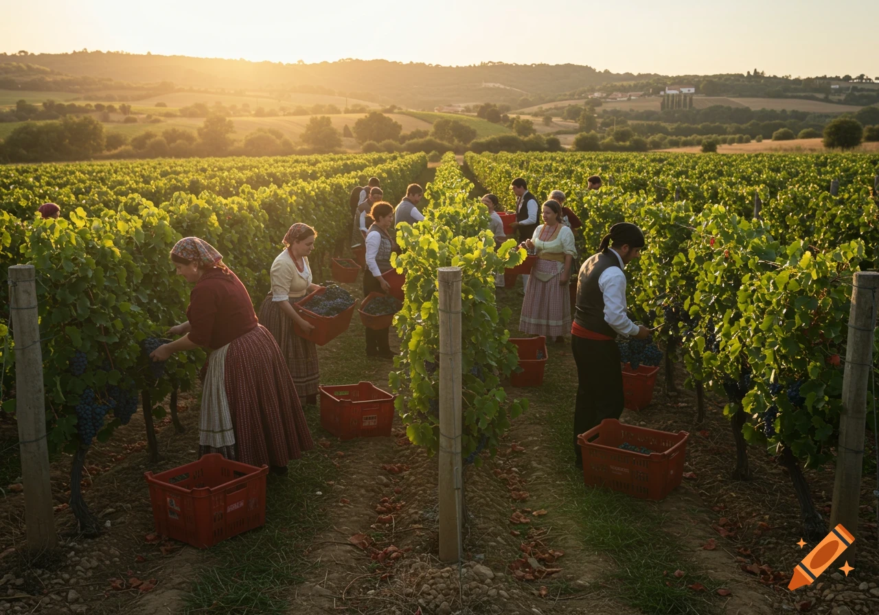 People harvesting grapes in a vineyard at sunset on Craiyon