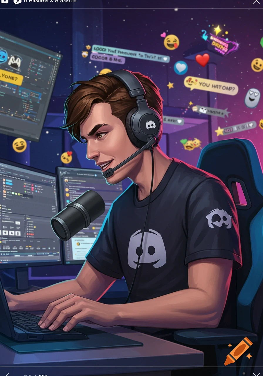 Illustrated young man with headset and microphone typing on laptop at ...