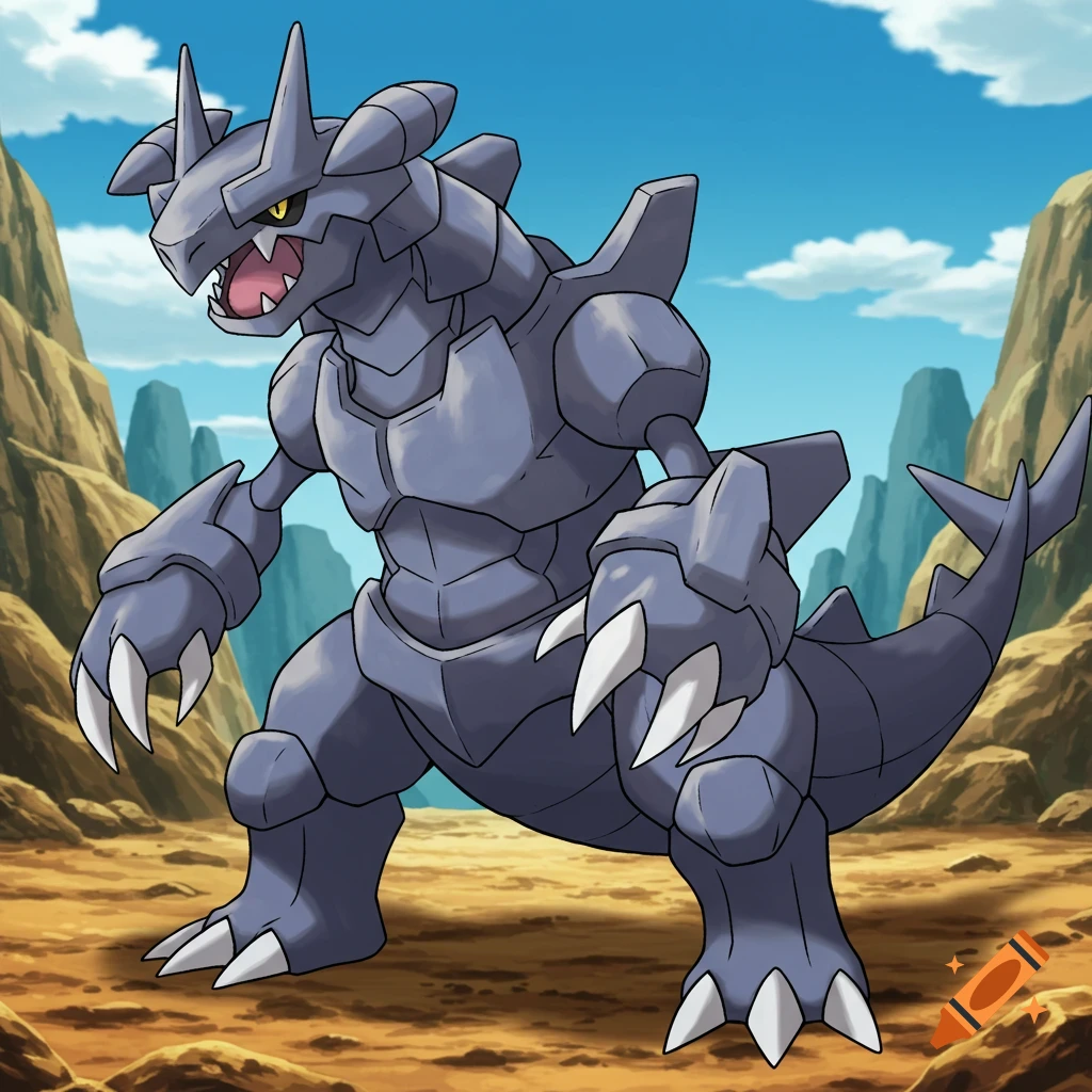 A Pokemon fusion of Aggron and Mega Garchomp in the anime style ...