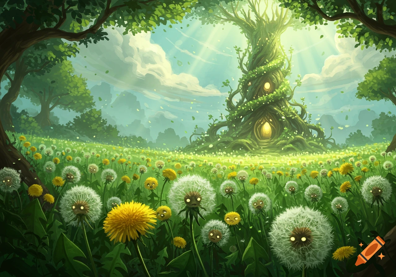 Fantasy illustration of a field of sentient dandelions with a glowing ...