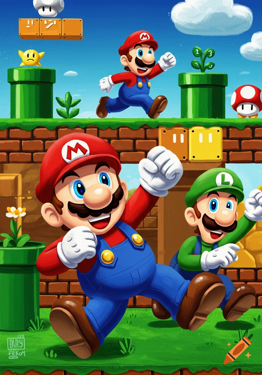 Mario and Luigi jump in a classic Super Mario Bros level with blocks ...