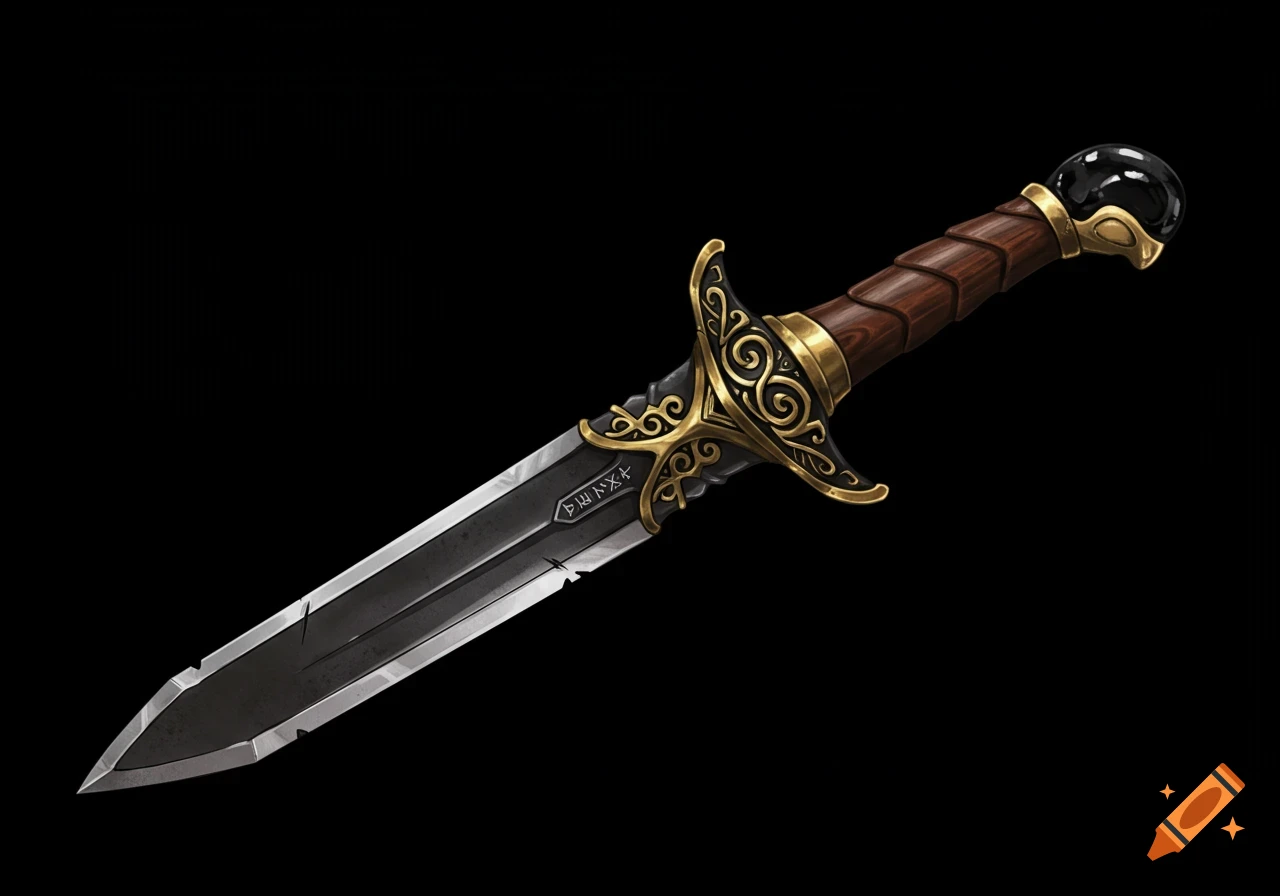 Detailed fantasy short sword with ornate hilt and runes on the blade ...