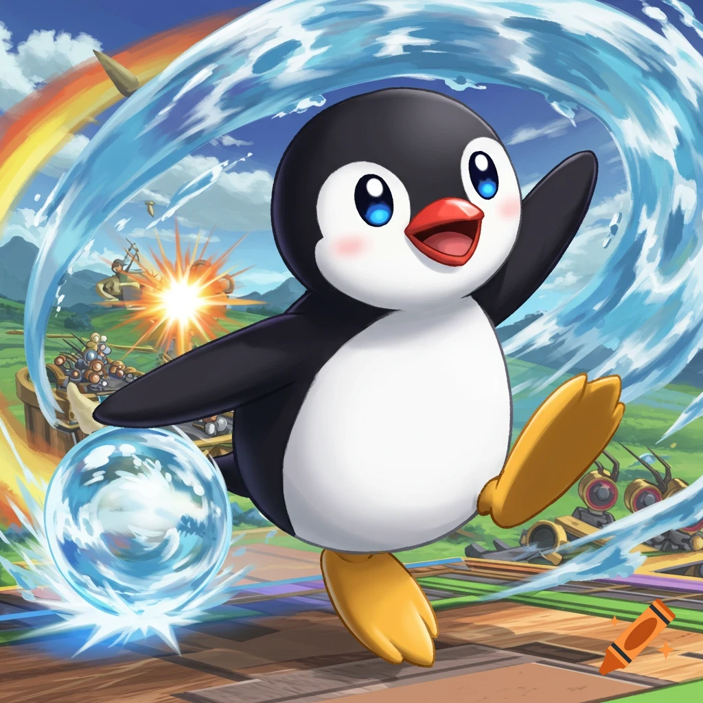 Cartoon penguin with water swirl in a video game landscape on Craiyon
