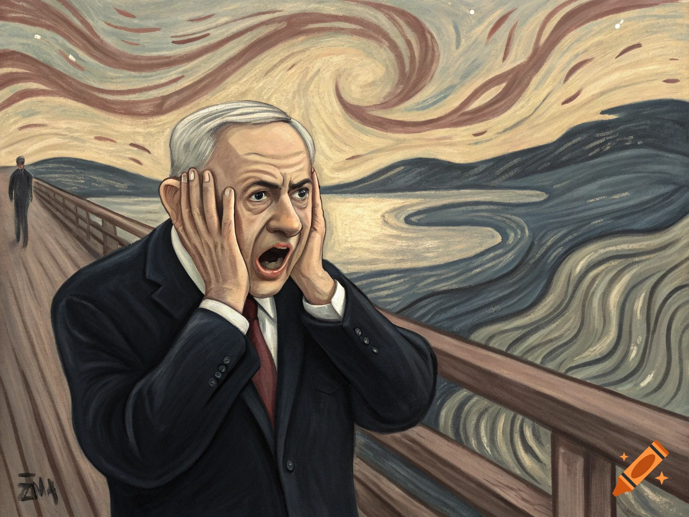 Benjamin Netanyahu in the style of The Scream painting, on a bridge. on ...