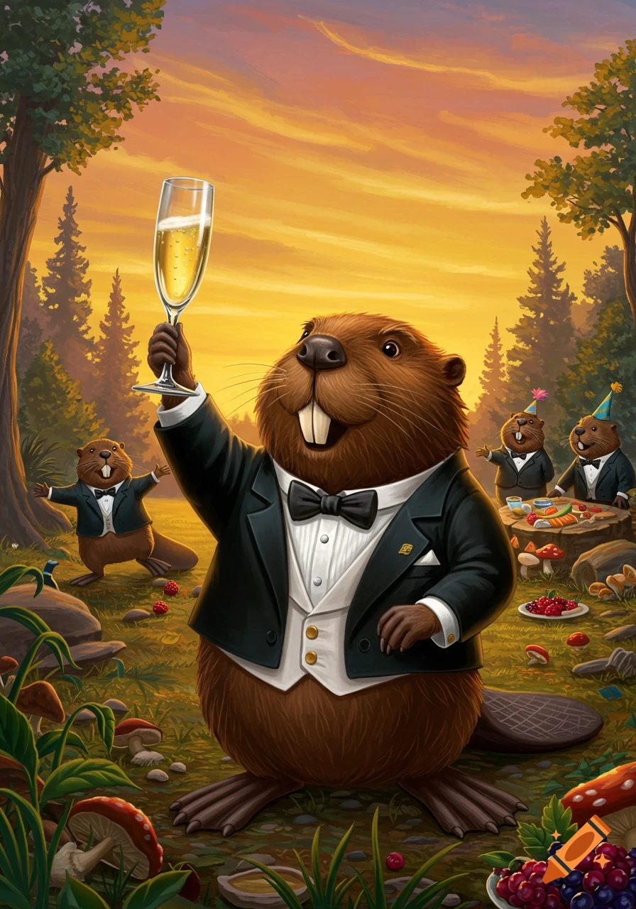 Cartoon beaver in a tuxedo raising a glass of champagne in a forest ...