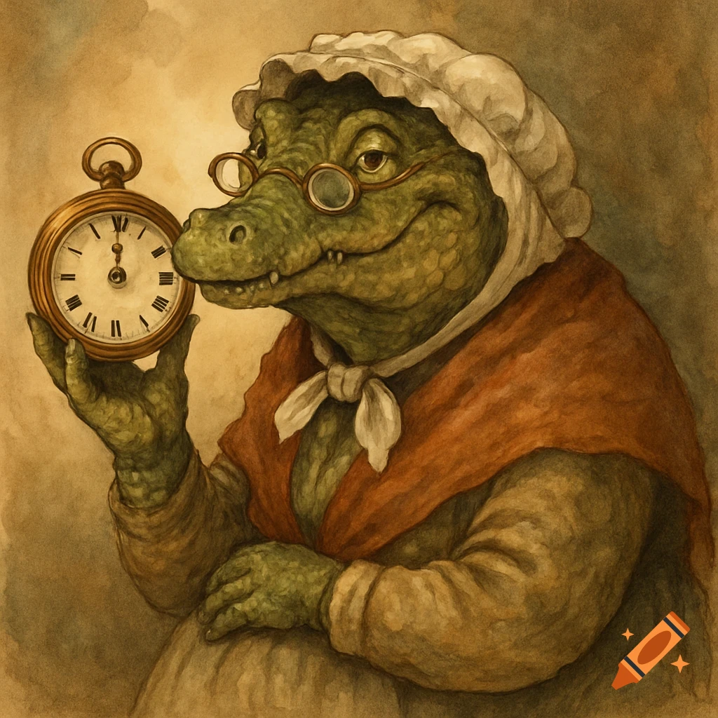 An illustration of a grandma crocodile holding a pocket watch showing ...