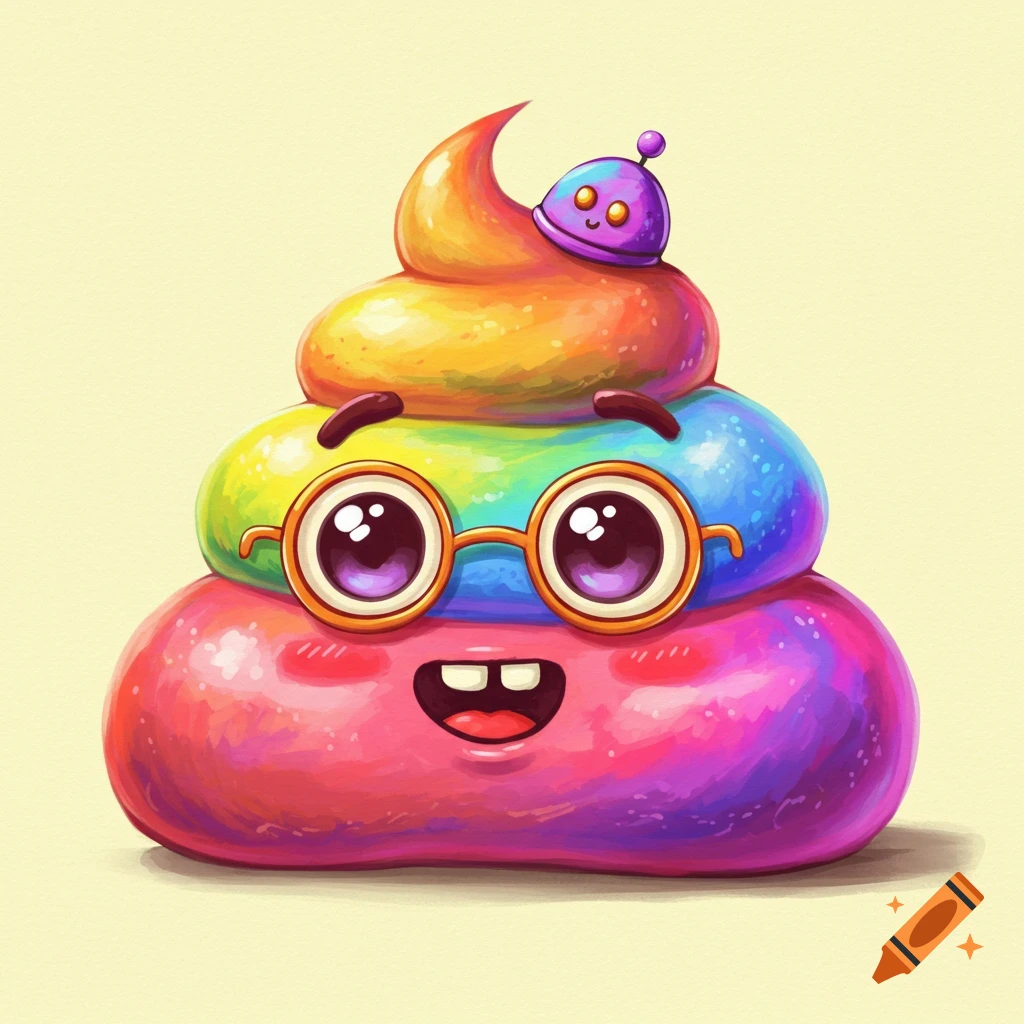 A rainbow-colored poop emoji character wearing glasses, with a tiny ...