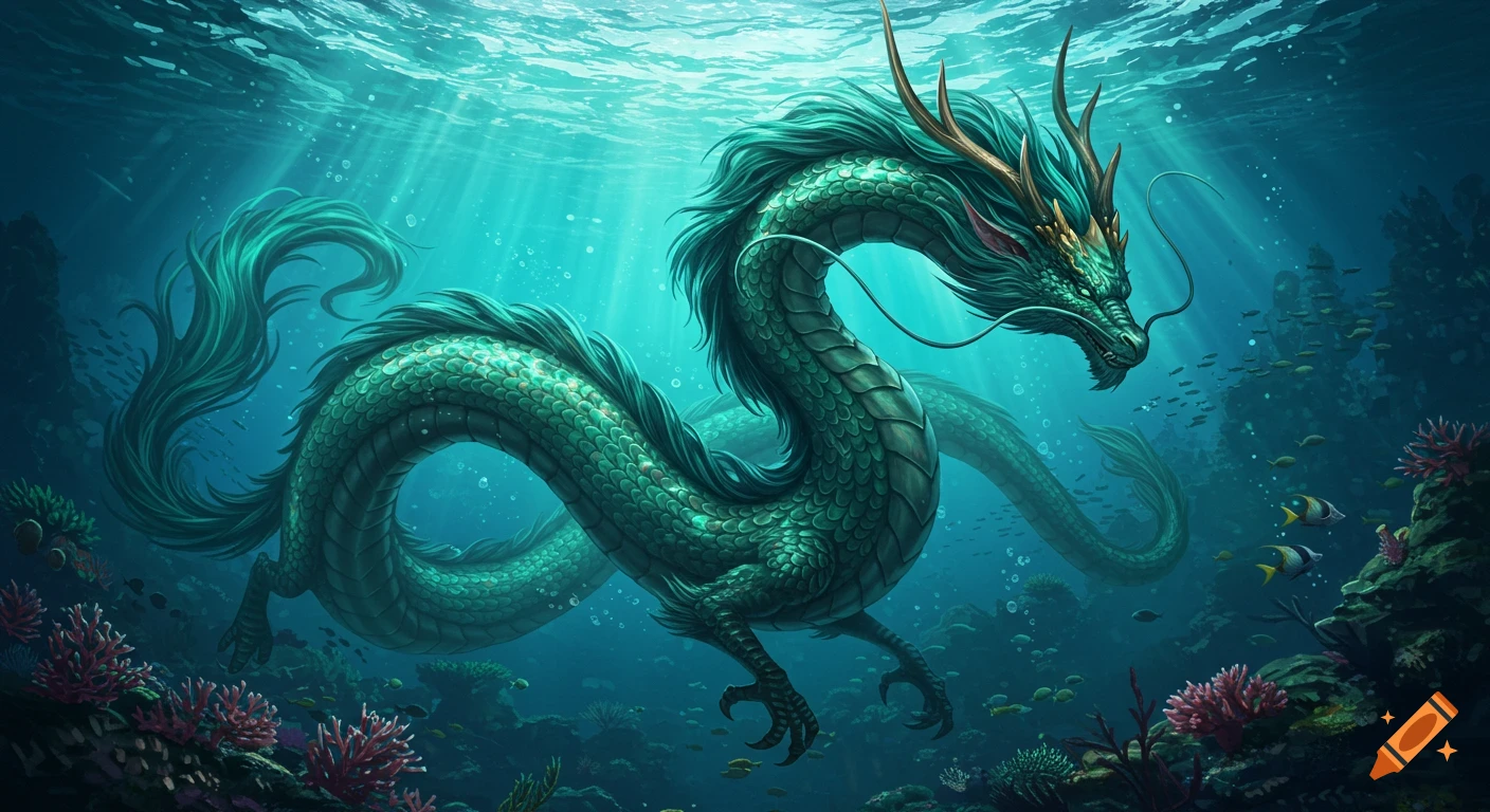 Teal Chinese dragon swims underwater among coral reefs and fish. on Craiyon