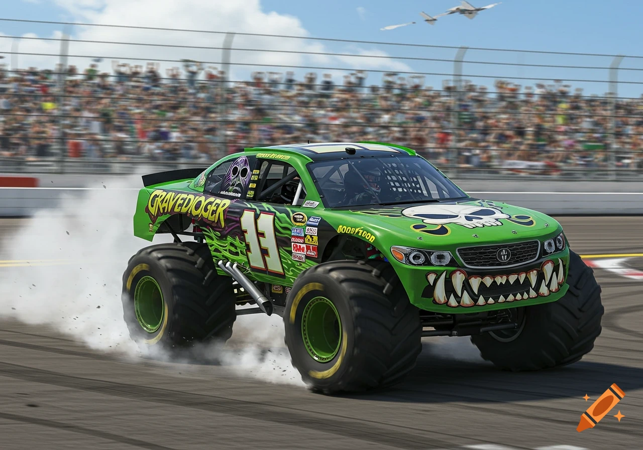 A green Gravedigger monster truck styled as a Nascar car races on a ...