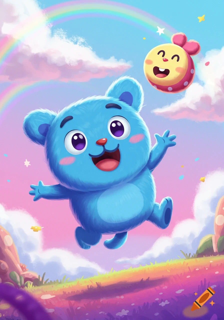 Cute blue bear character jumping with a yellow character and a rainbow ...