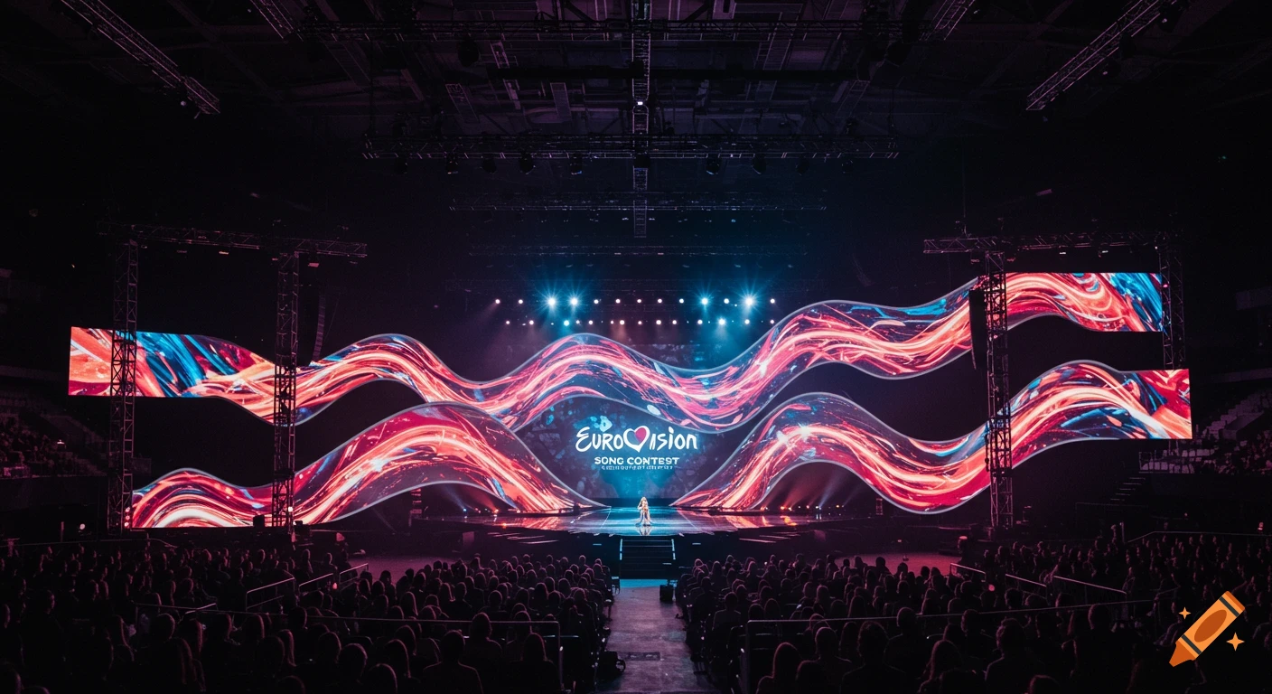 Wide view of a large Eurovision concert stage with a performer, wavy ...