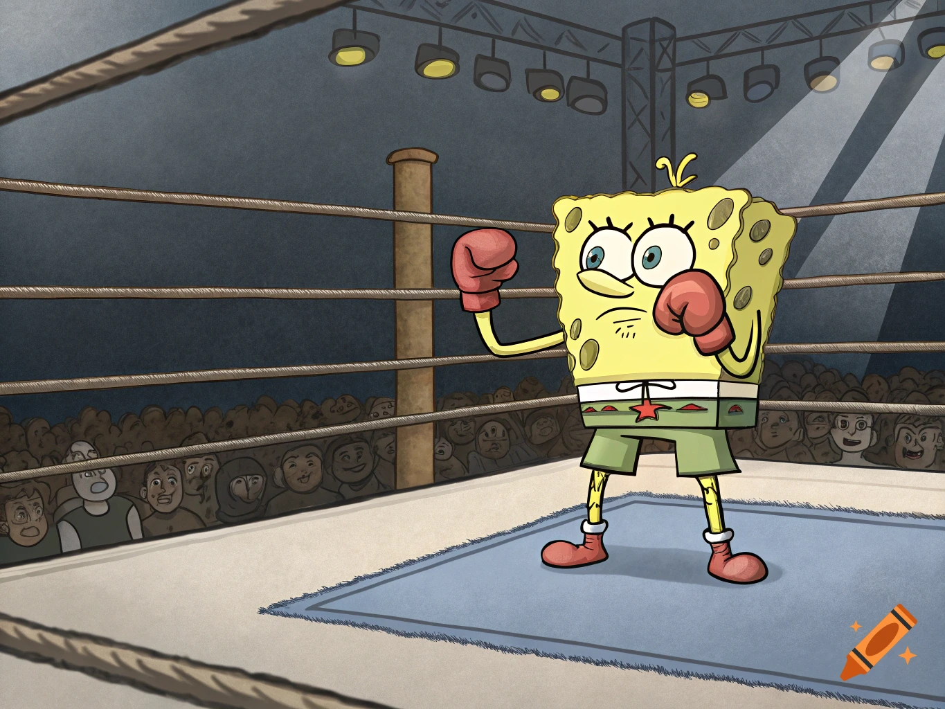 Spongebob Squarepants in a boxing ring, wearing gloves and shorts ...