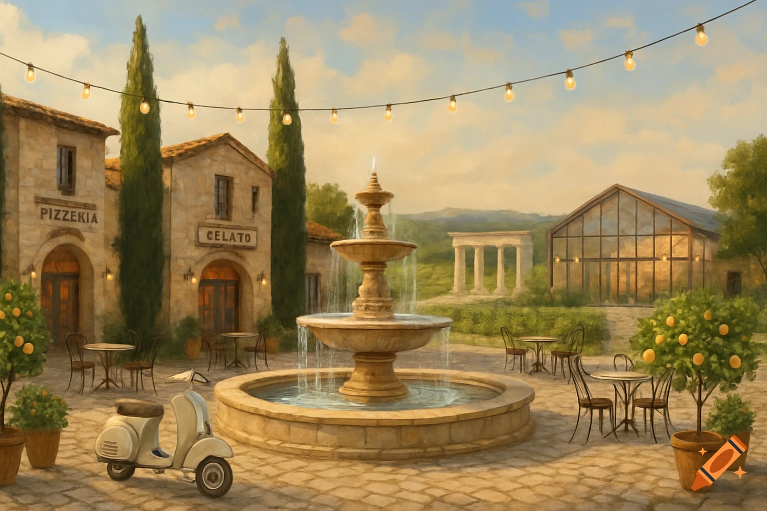 Painting of an Italian-style piazza with a fountain, buildings labeled ...