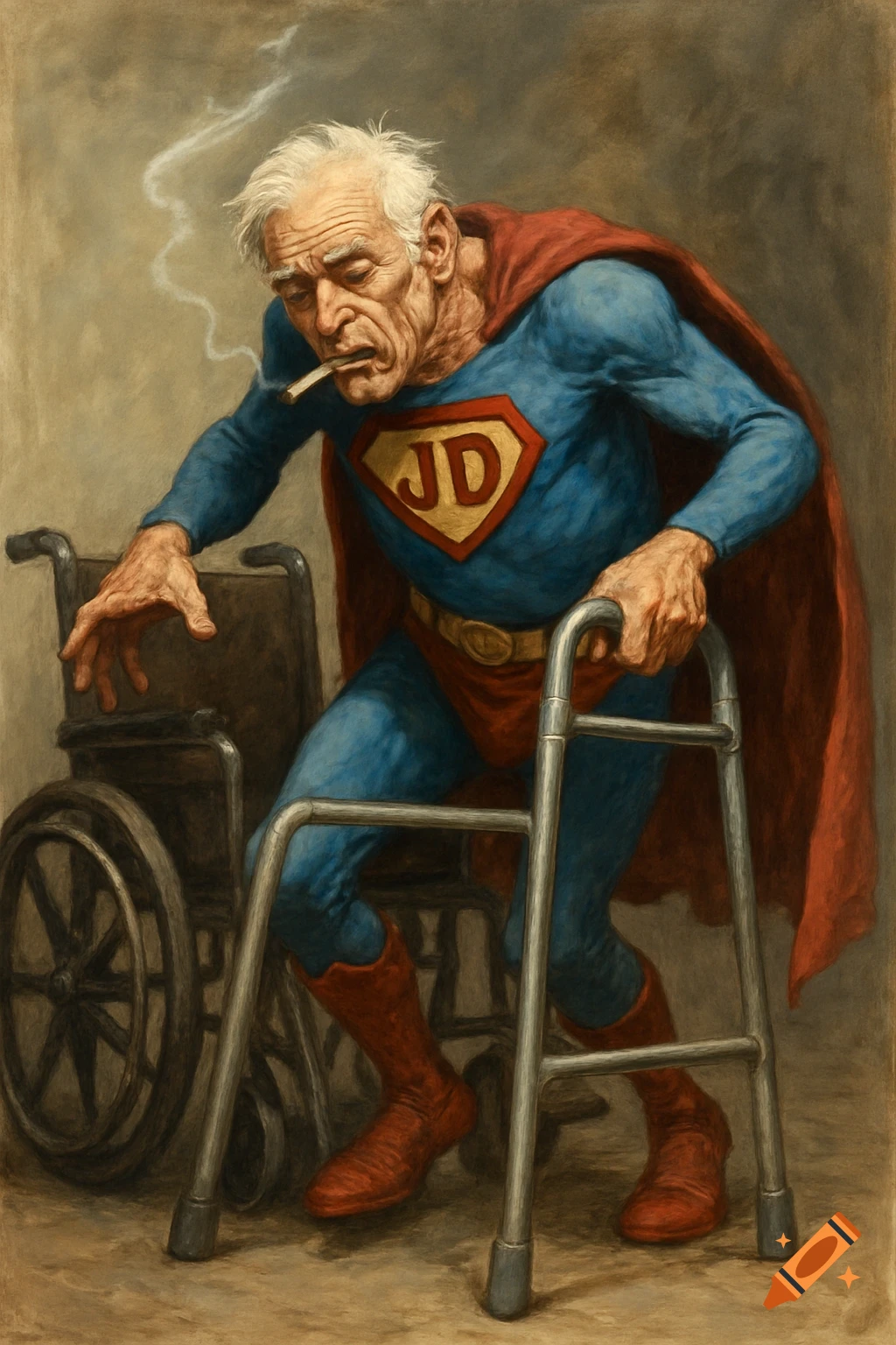 Painting of an old superhero, similar to Superman, with 'JD' on his ...