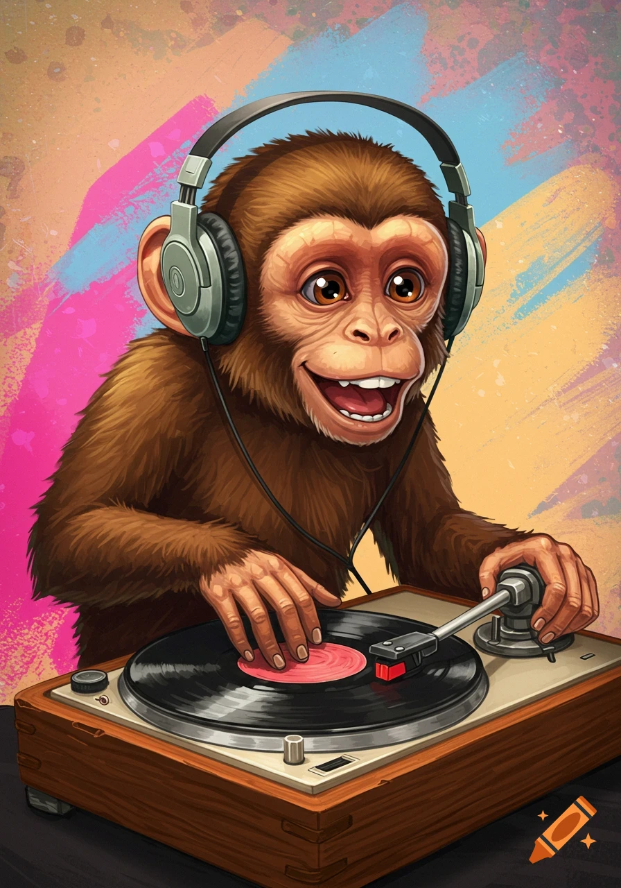 An illustration of a cartoon monkey wearing headphones and playing a ...