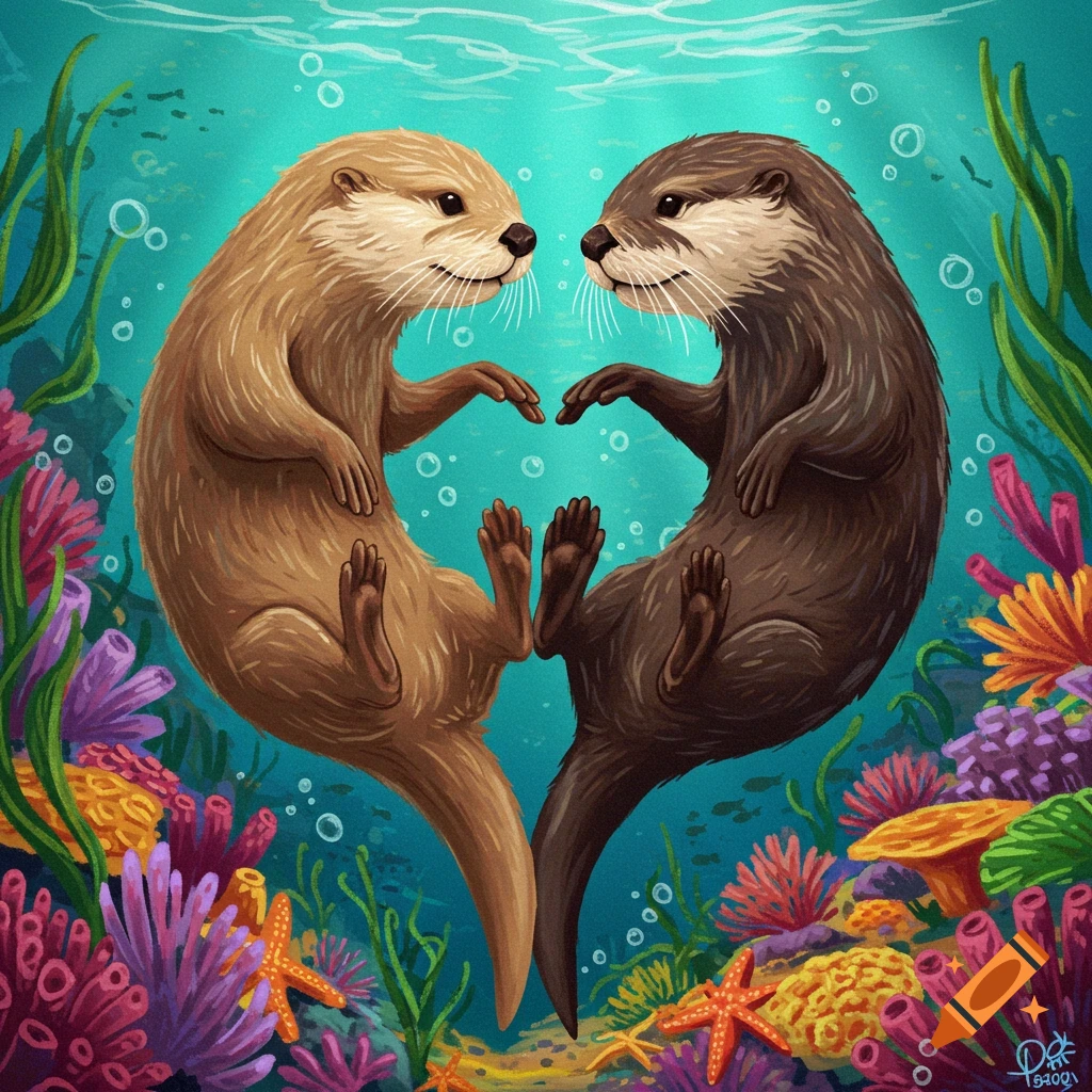 Two otters underwater form a heart shape with their bodies among ...