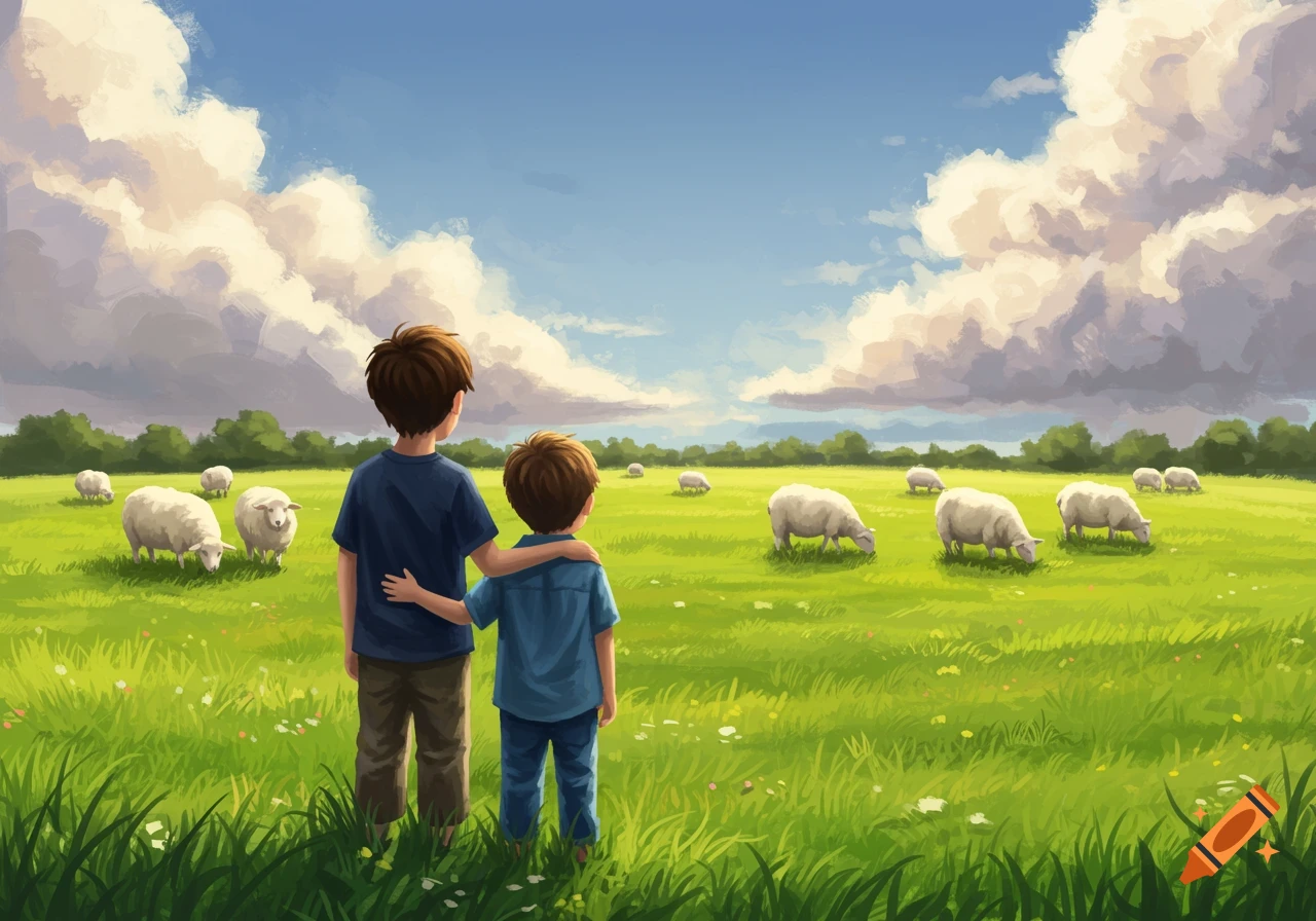 Two boys look out at a field of sheep under a cloudy sky, painted style ...