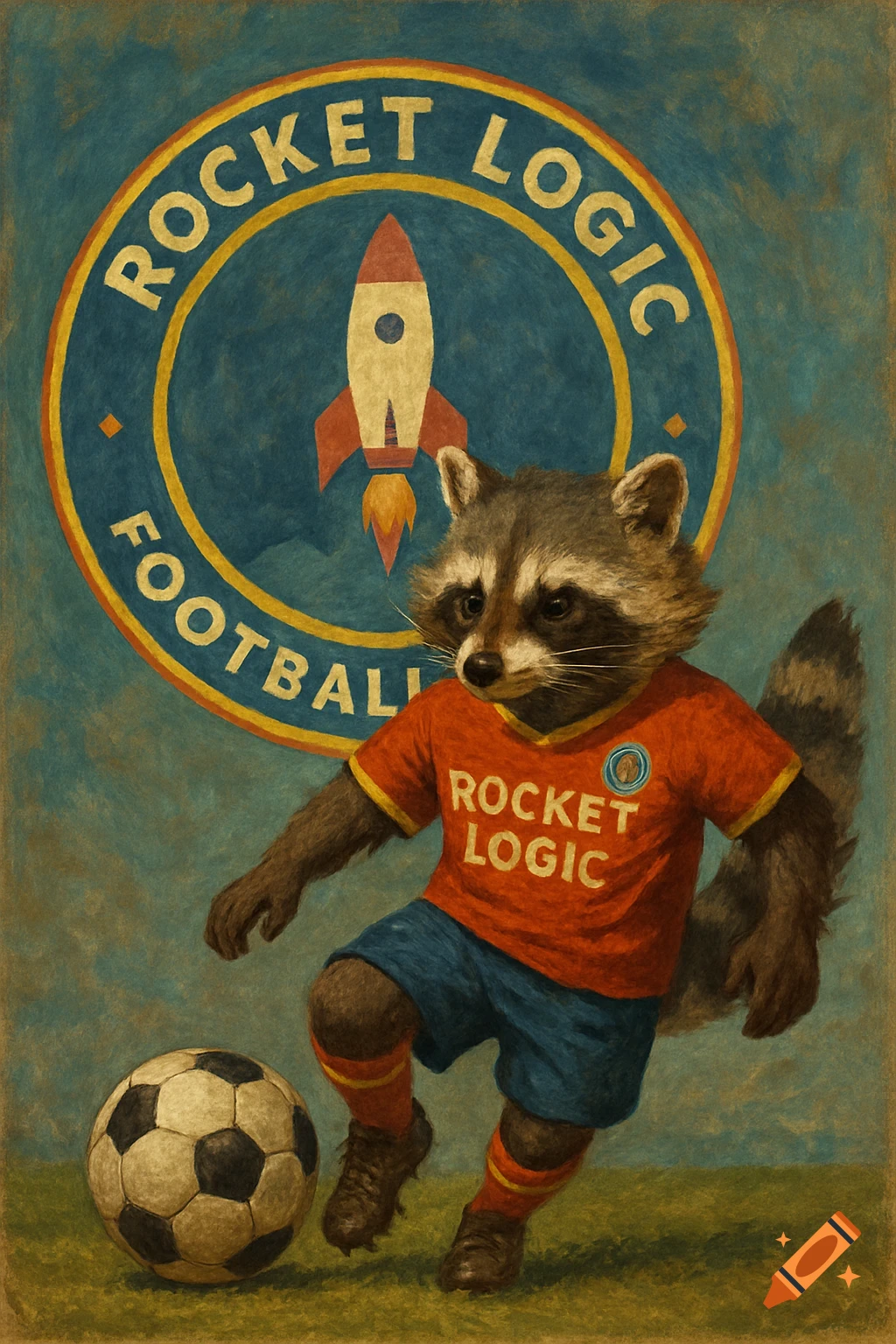 A painterly image of a raccoon in a jersey kicking a soccer ball in ...