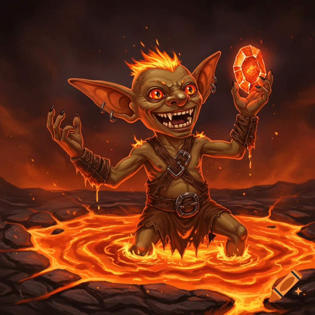 Fantasy illustration of a goblin standing in lava holding a glowing ...