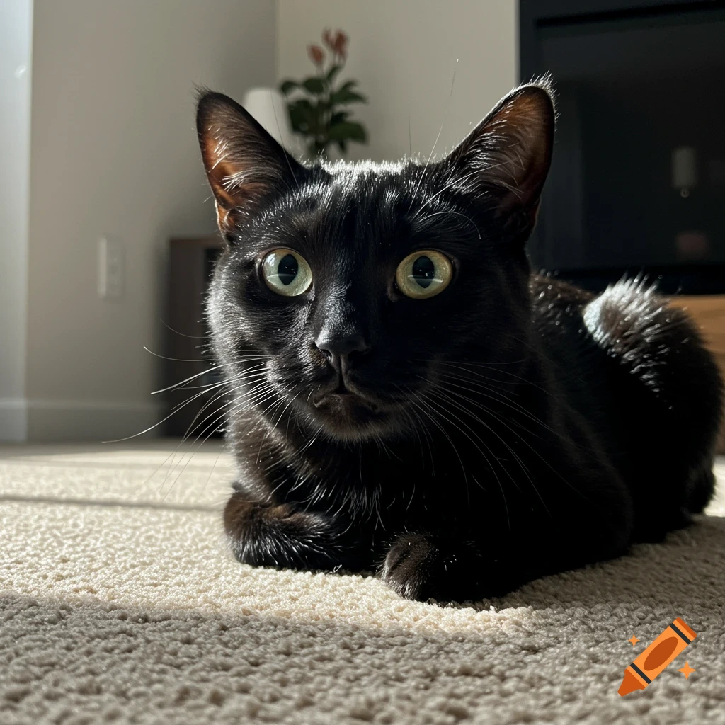 A black cat with green eyes lies on a sunlit carpet, looking directly ...