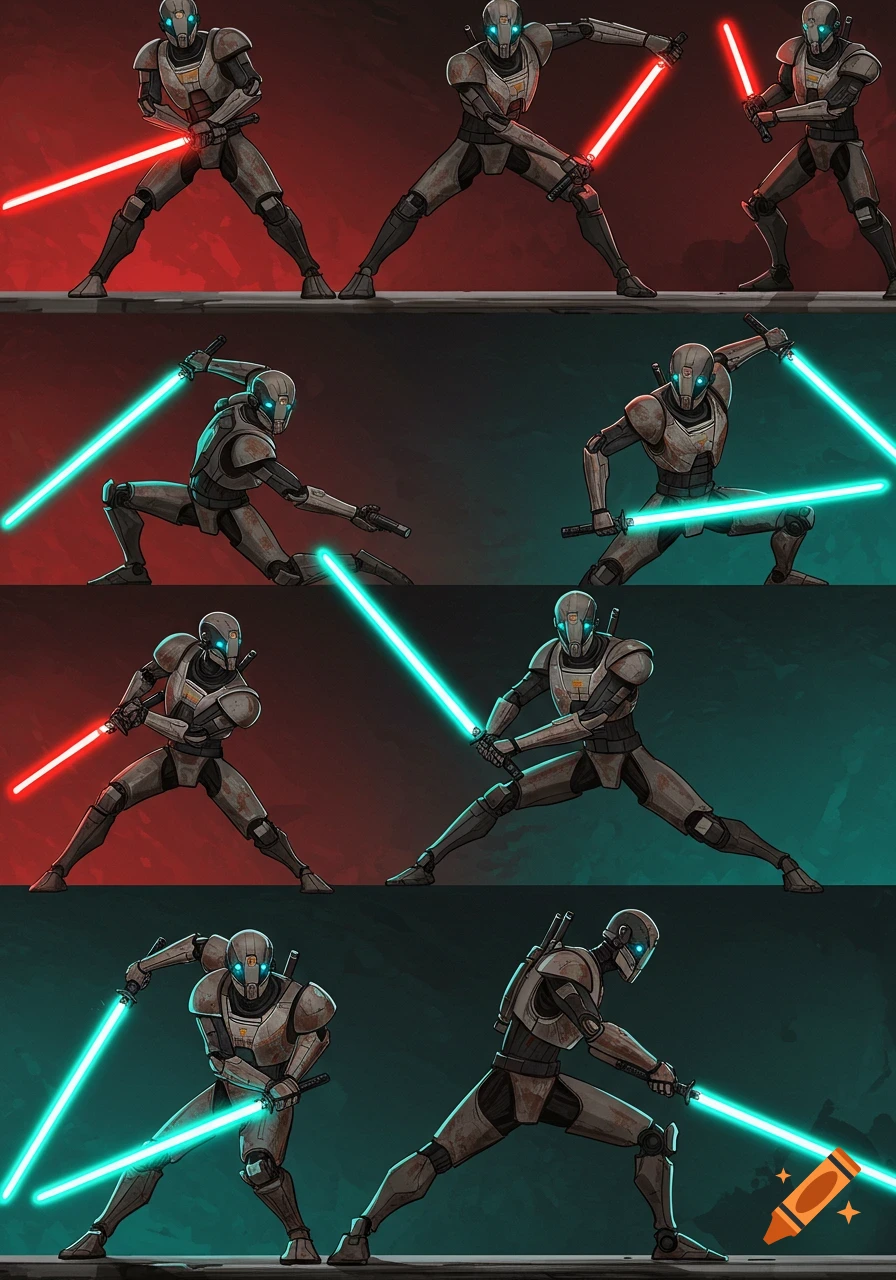 Combat droid with red and blue lightsabers in action poses, concept art ...