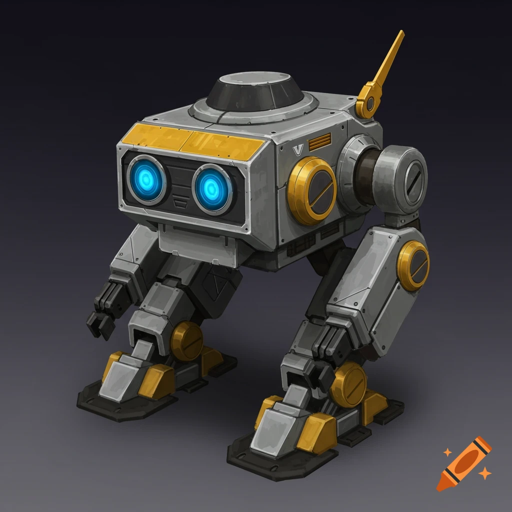 A render of a blocky mechanical robot with blue eyes and yellow accents ...