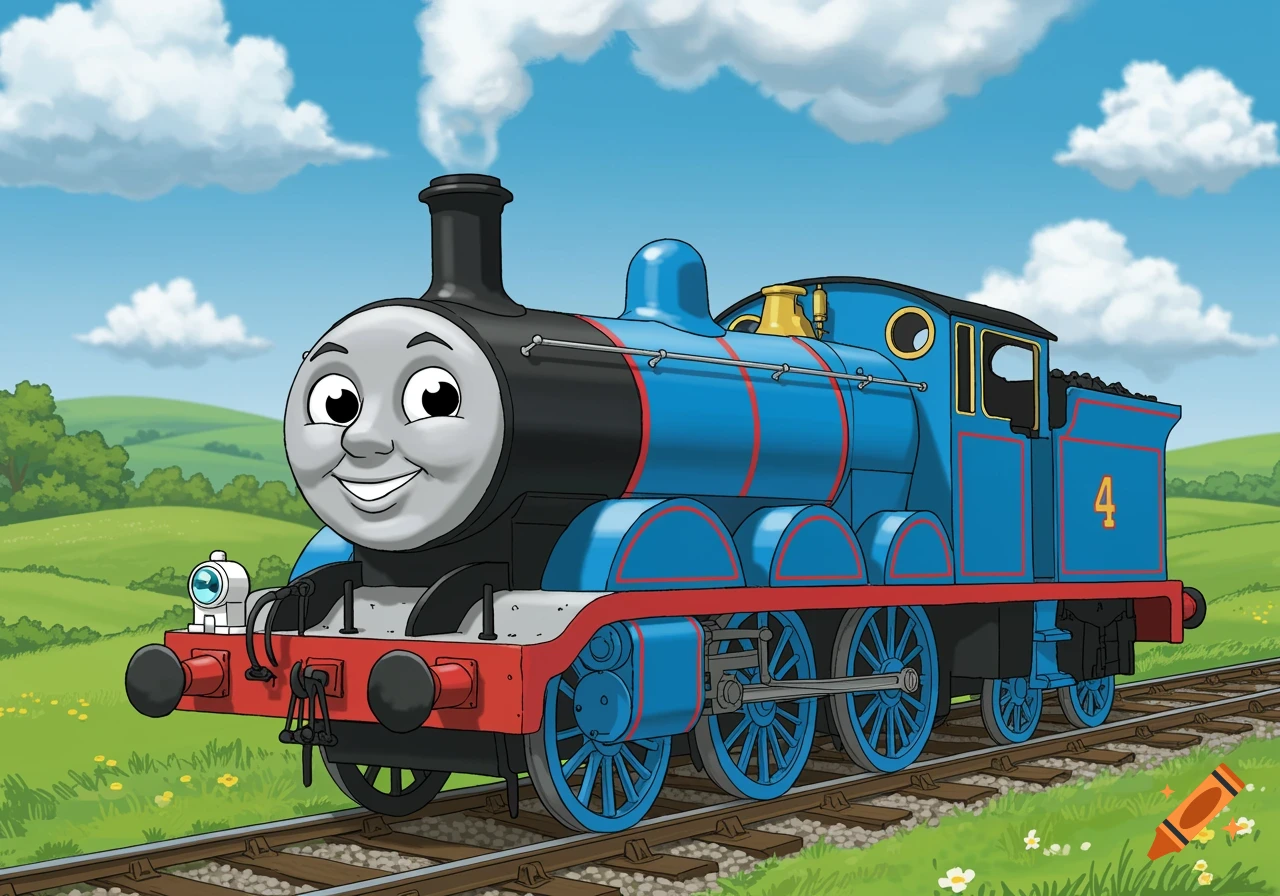 Cartoon illustration of a blue steam locomotive number 4 with a face on ...