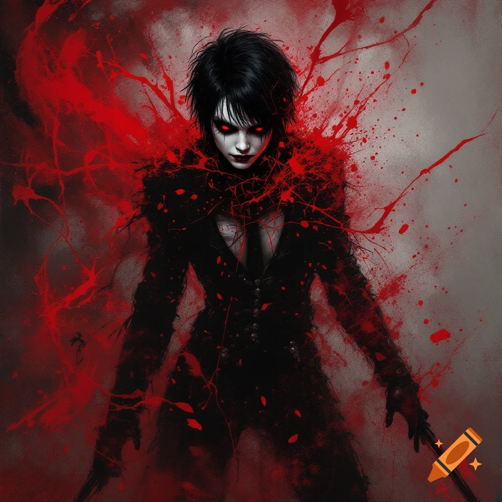 Dark figure with red eyes and red splatter in a gothic art style on Craiyon