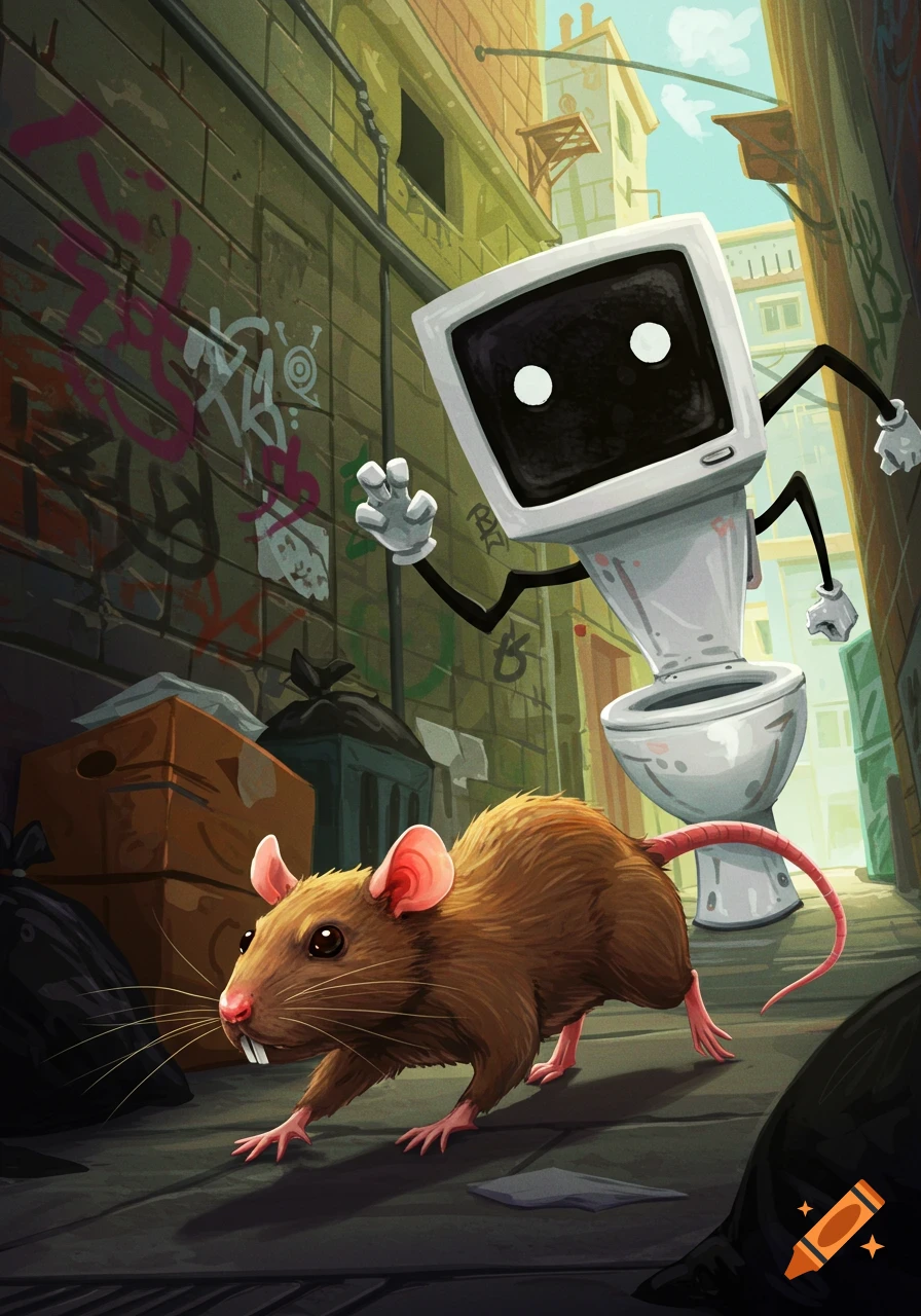 A rat is chased by a Skibidi Toilet creature in a grimy alleyway. on ...