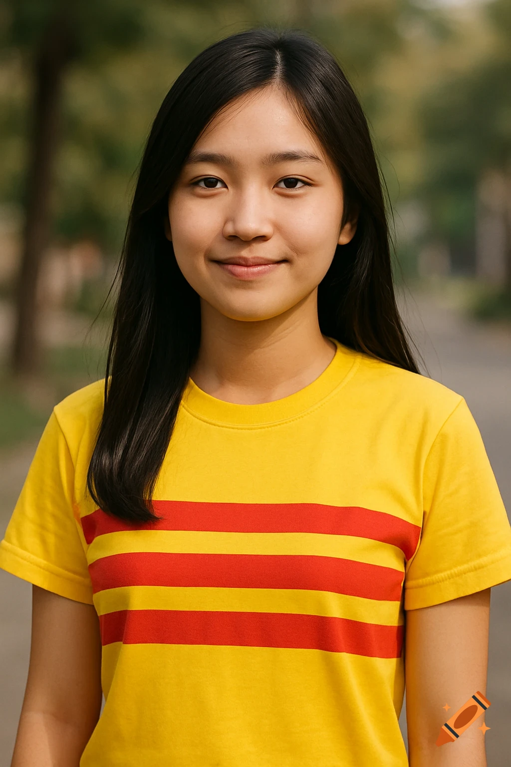 Portrait of a young woman wearing a yellow shirt with three red stripes ...